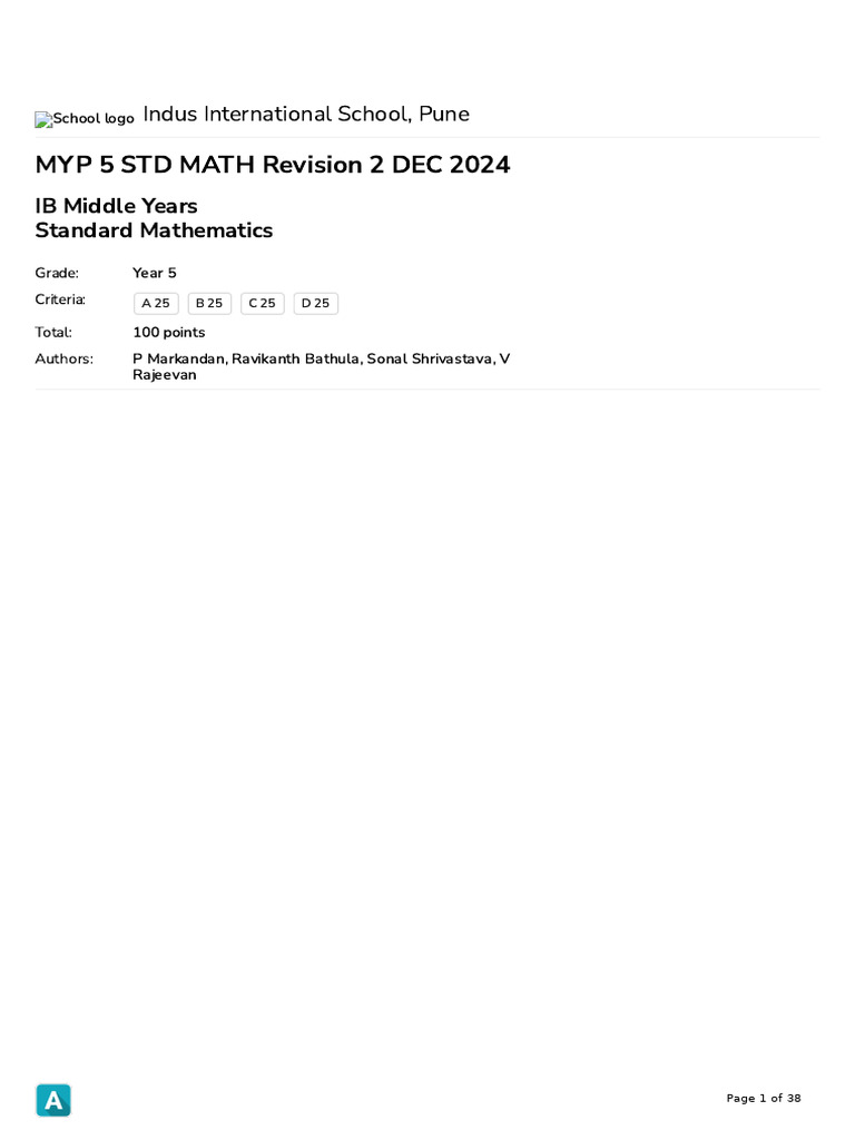 MYP 5 STD MATH Revision 2 DEC 2024 (MW9H71) | PDF | Pendulum