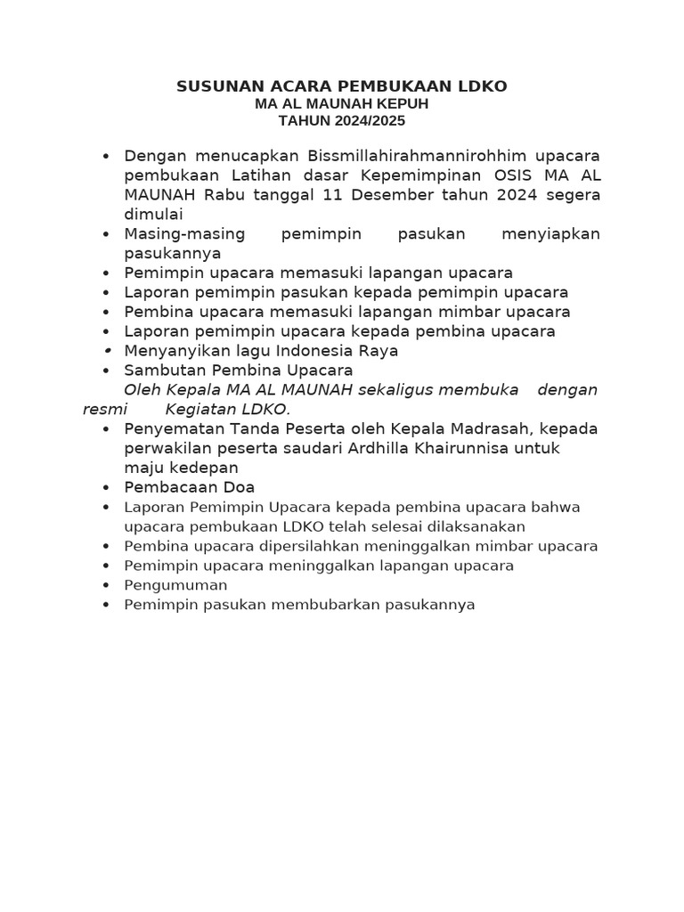 316499693 Susunan Acara Pembukaan Ldk Docx | PDF