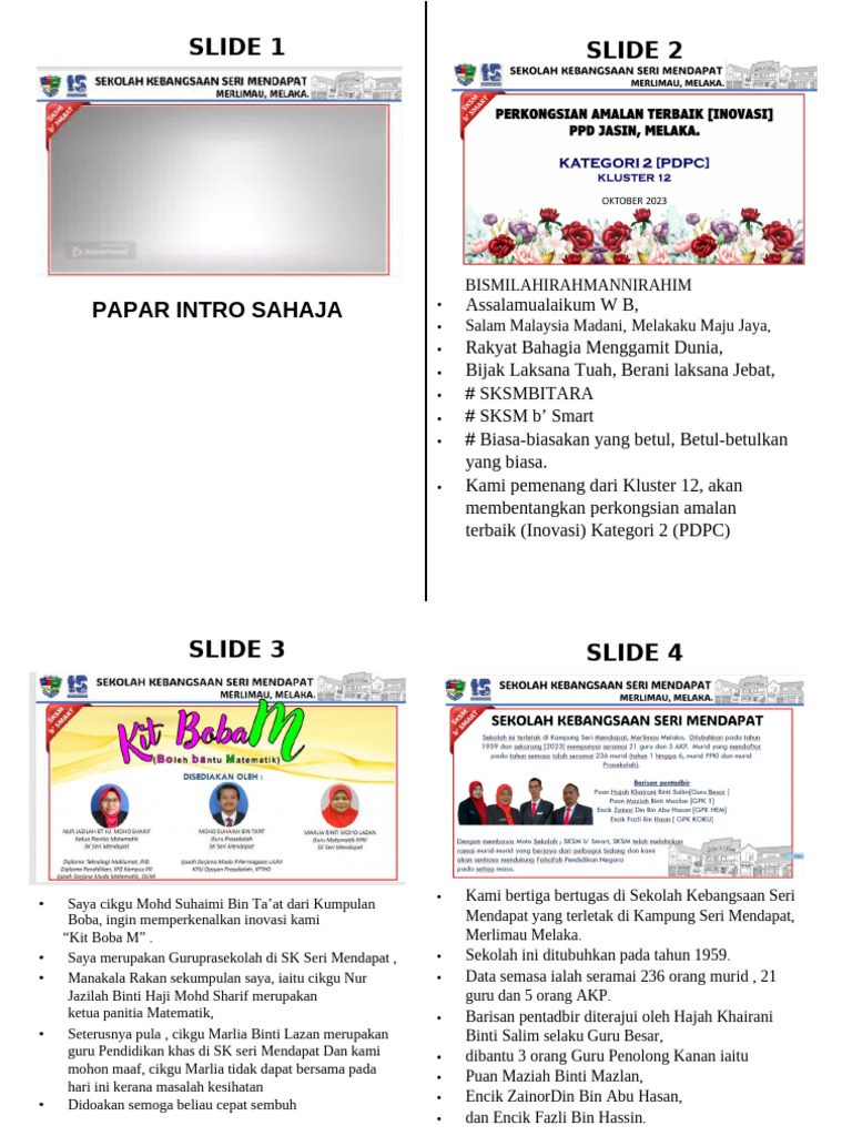 Teks Pembentangan Inovasi Yg Terbaru 2023 | PDF