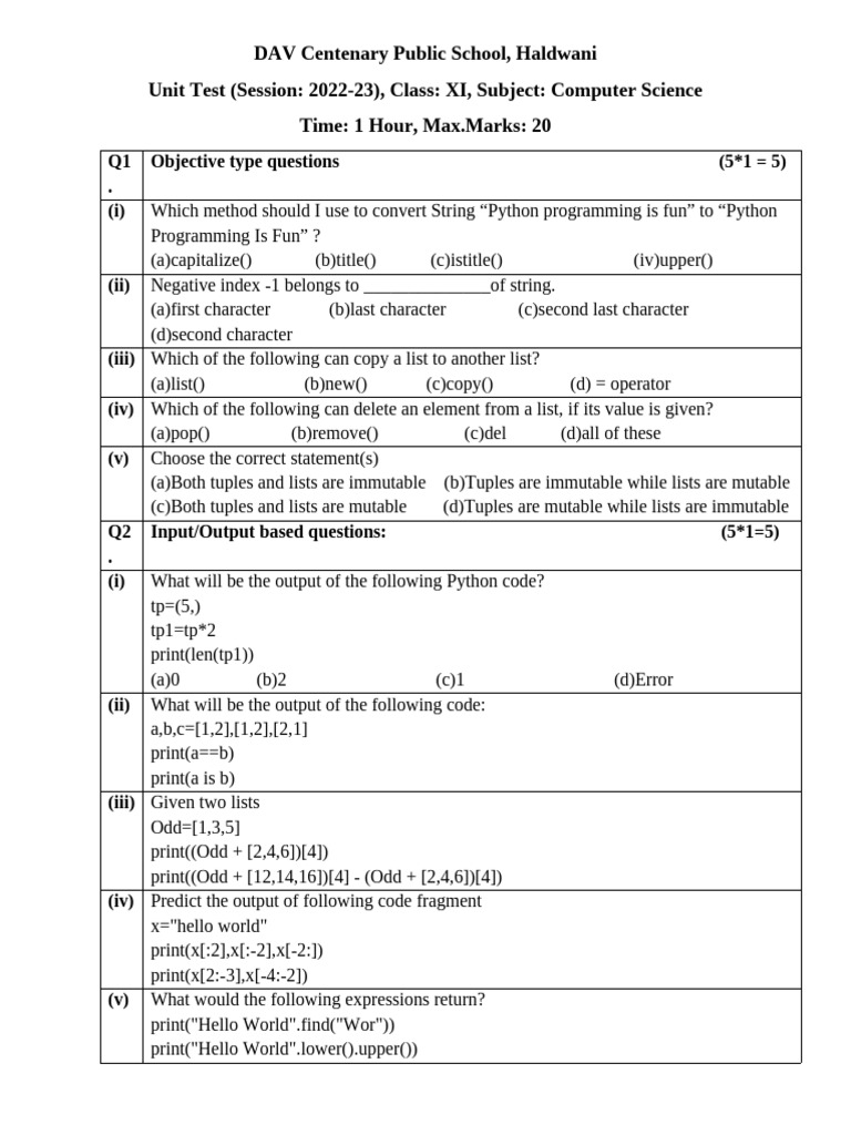 CS UT Class XI Question Paper Session-2022-23 | PDF | Programming ...