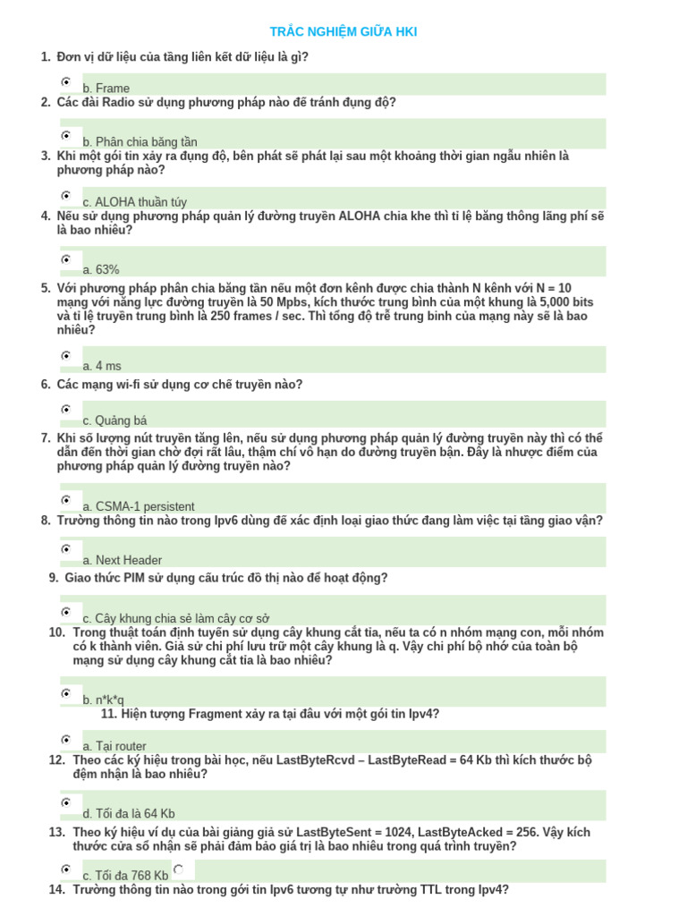 TRẮC NGHIỆM GIỮA HKI | PDF