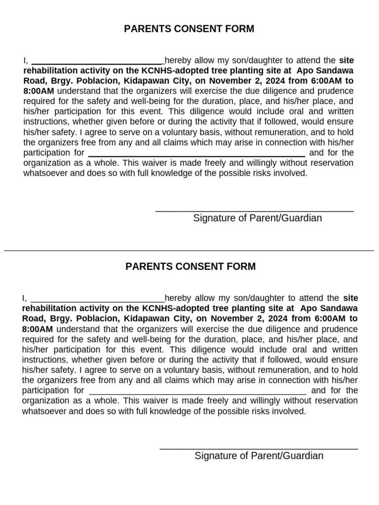 Parent Consent for Tree Planting Event | PDF