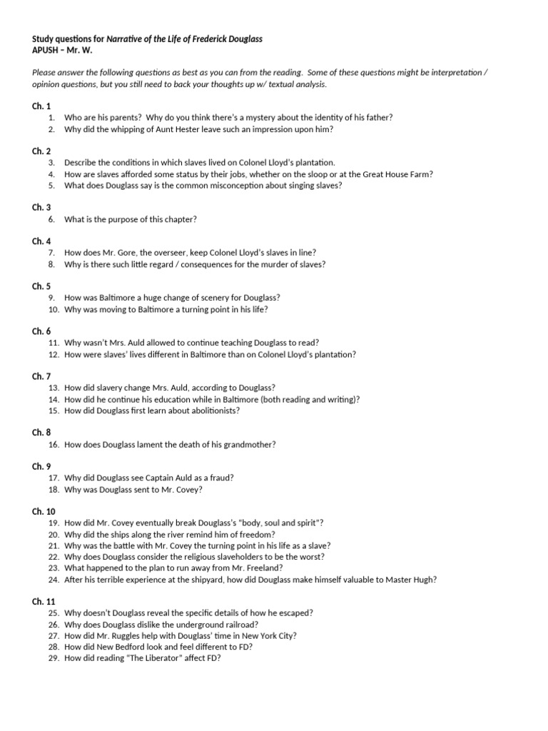 Study Questions For Narrative of The Life of Frederick Douglass | PDF ...