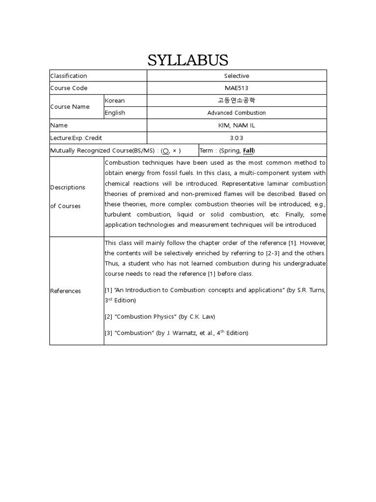 Adv_Combustion_Syllabus_2024 | PDF | Combustion | Turbulence
