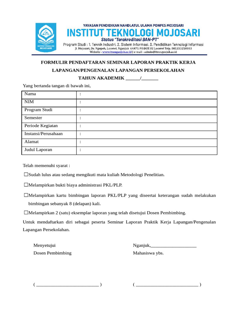 Formulir Pendaftaran Seminar Laporan PKL-PLP | PDF