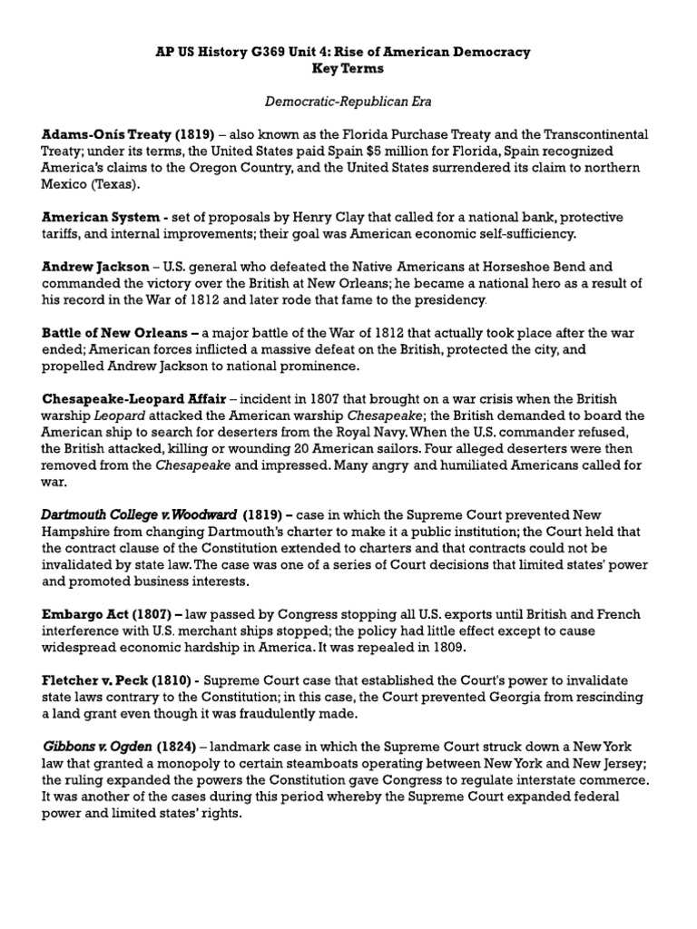 Unit 4 - Rise of American Democracy Key Terms | PDF