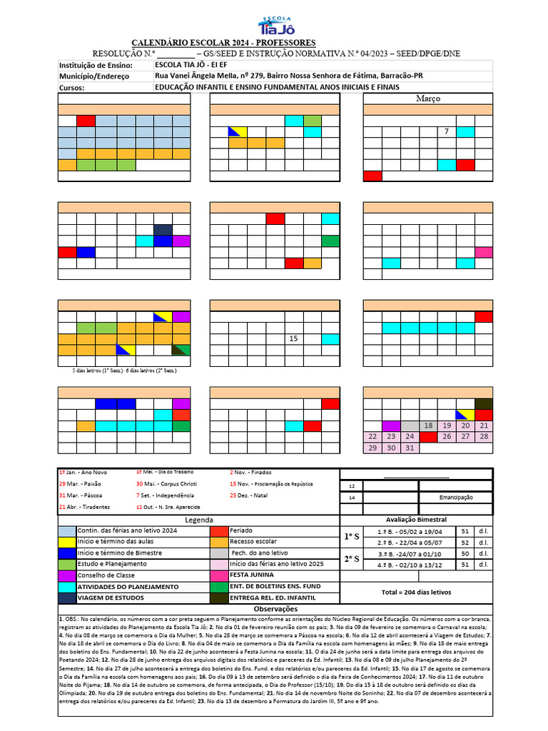 Calendário 2024 - Professores Escola Tia Jô-Ei Ef | PDF
