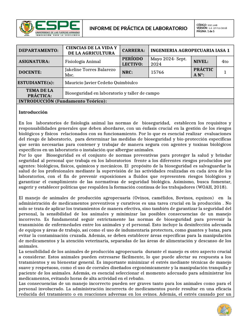 Cedeño Mauricio - Bioseguridad en Laboratorio y Taller de Campo - Lab1 | PDF | Laboratorios | Oveja