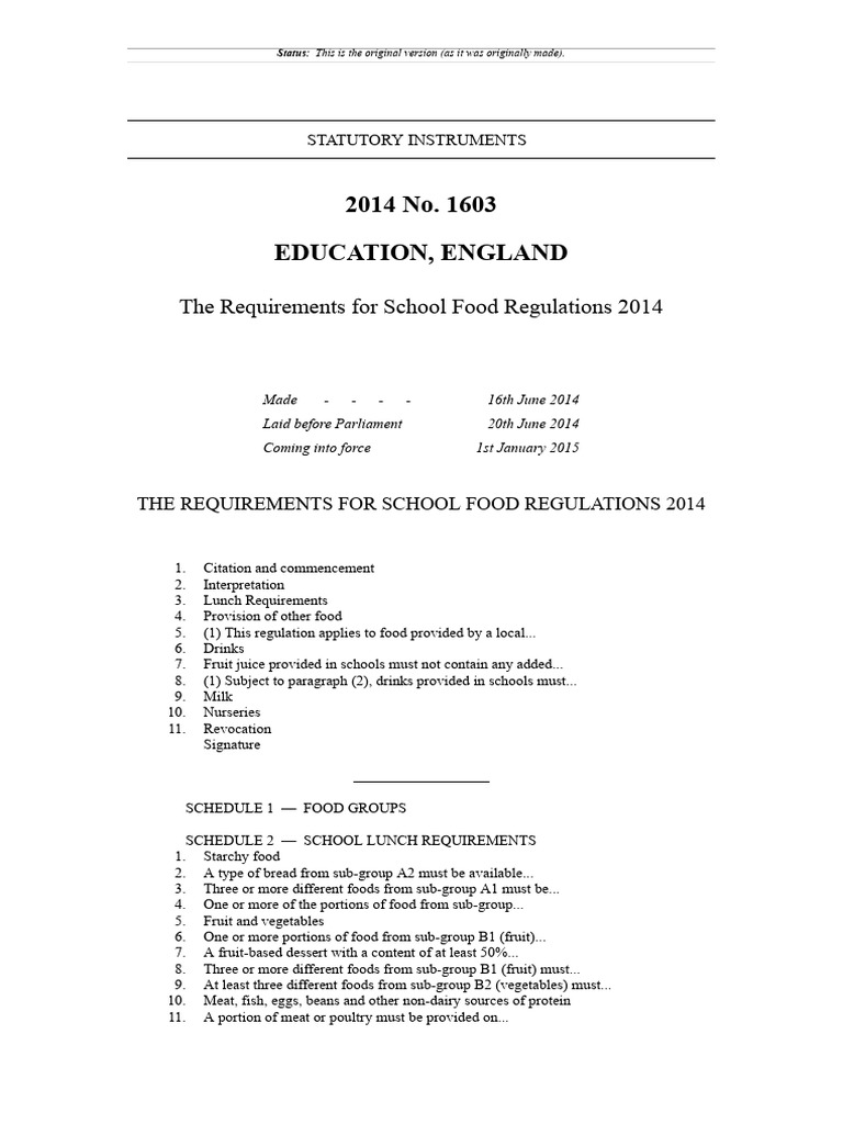 England - Requirements For School Food Regulations 2014 | PDF | Foods ...