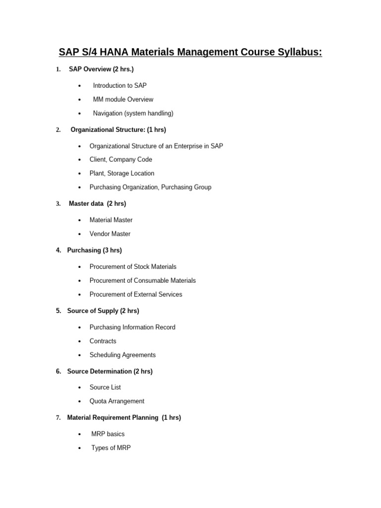 SAP S4HANA MM course syllabus | PDF