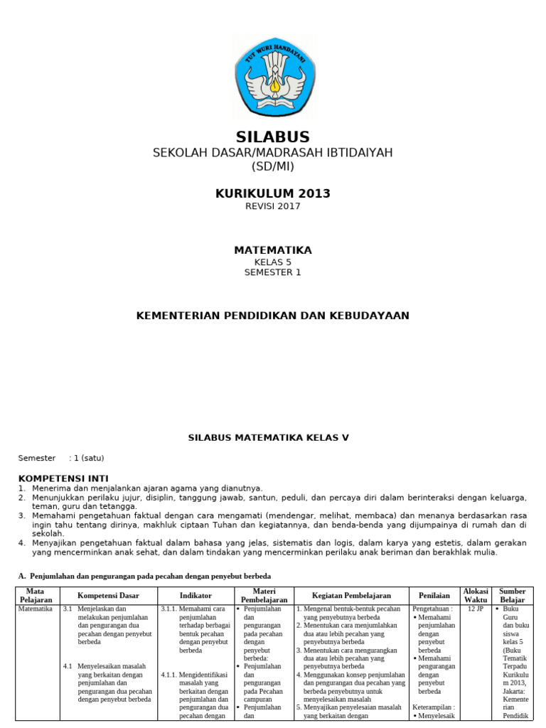 Silabus Matematika Kelas 5 | PDF