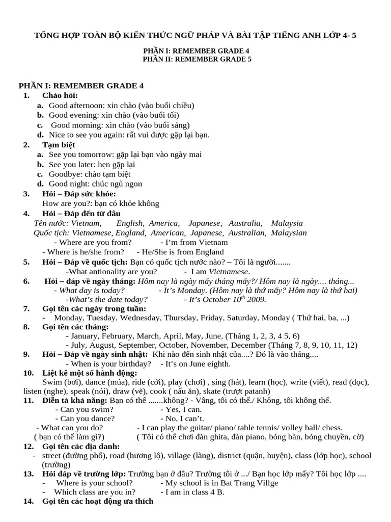 Tong Hop Toan Bo Kien Thuc Ngu Phap Va Bai Tap Tieng Anh Lop 4 Va 5 | PDF