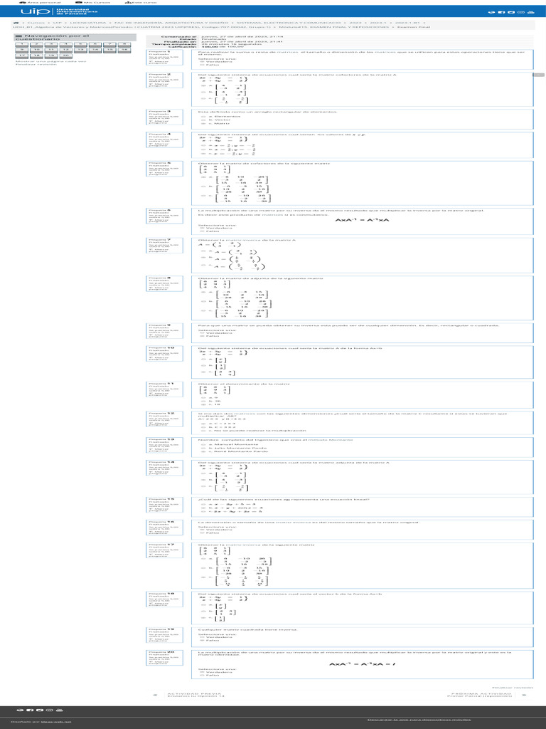 Examen Final Revisi N Alg Del Intento PDF | PDF | Matriz (Matemáticas) | Álgebra