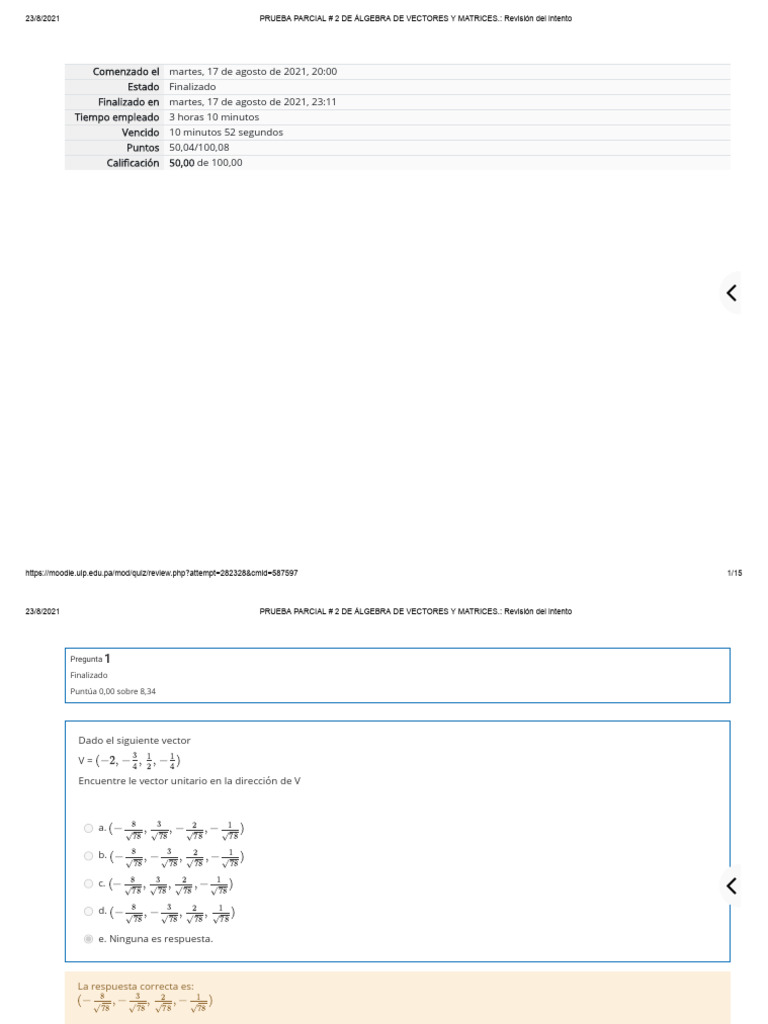 Parcial 2 de Lgebra de Vectores y Matrices. Revisi N Del Intento PDF | PDF | Matriz (Matemáticas ...