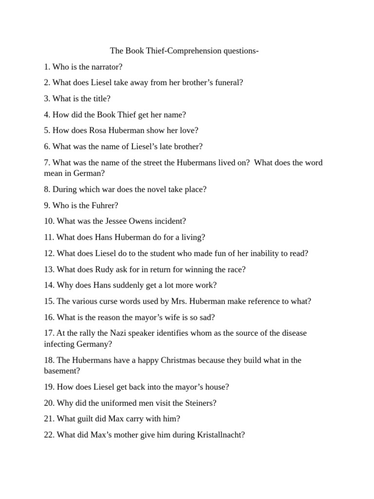 The Book Thief: Comprehension Questions | PDF