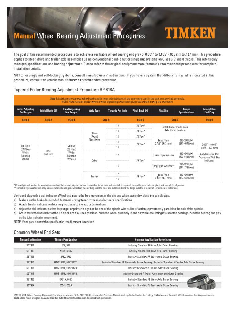 Timken Manual Wheel Bearing Adjustment Procedures Sell Sheet 10410 ...