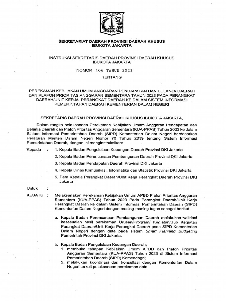 Instruksi Sekda - No. 106 Tahun 2022 - Perekaman KUA PPAS Tahun 2023 Pada PD UKPD Ke Dalam SIPD ...