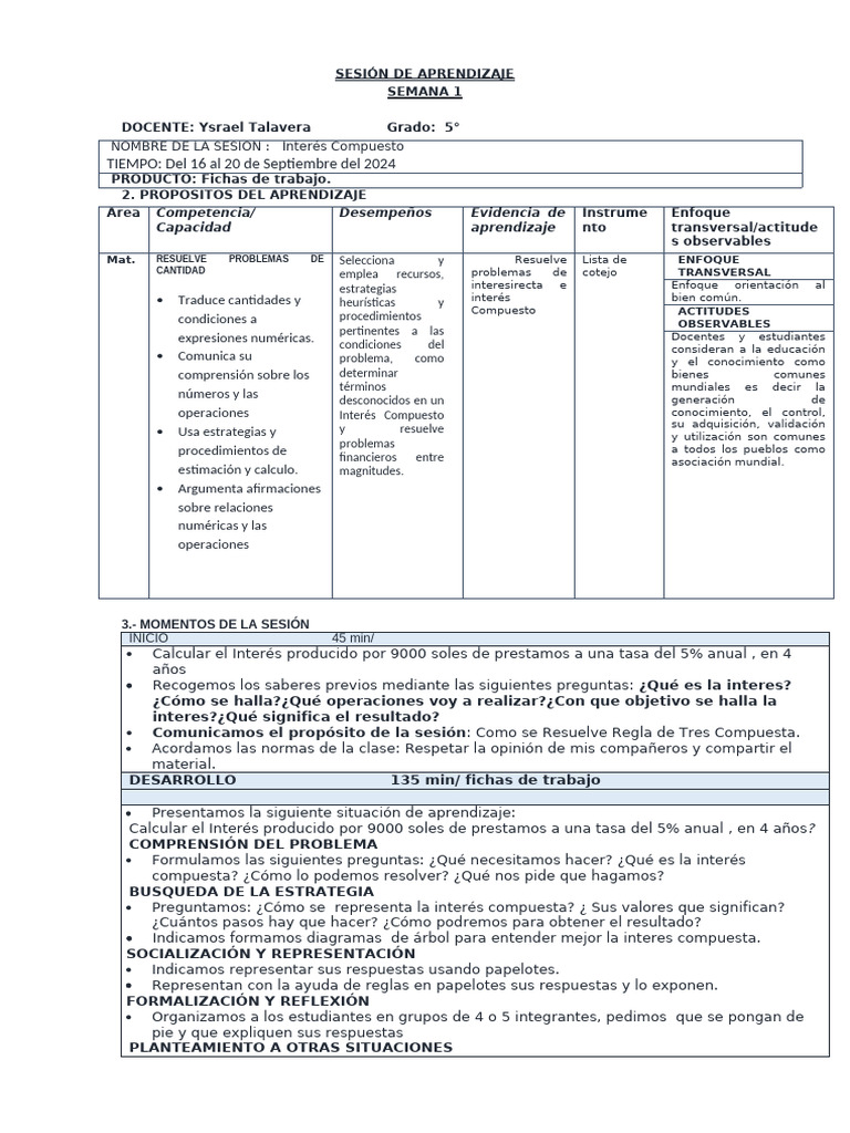 Sesión de Aprendizaje 5° Año Interes Compuesto | PDF | Aprendizaje | Modificación de comportamiento