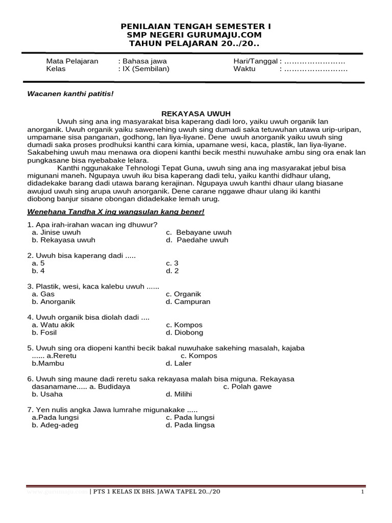 Soal PTS B.Jawa Kelas IX Ganjil | PDF