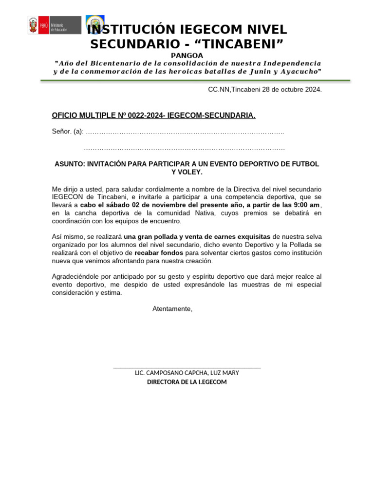 Oficio de Invitacion Deportiva | PDF