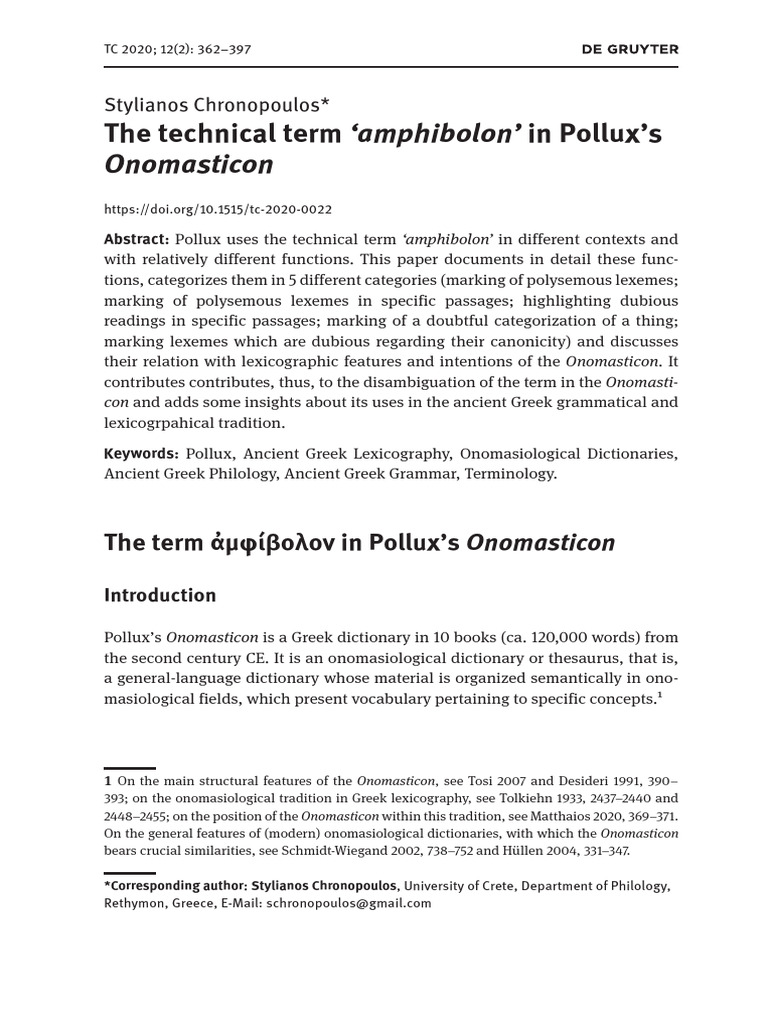 The Technical Term Amphibolon in Pollux | PDF | Lexicon | Dictionary