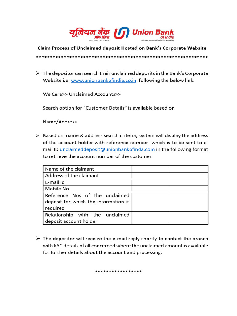 Unclaimed Deposit Claim Form | PDF