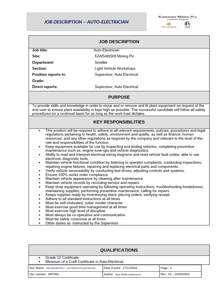 Auto-Electrician Job Overview | PDF | Electrician