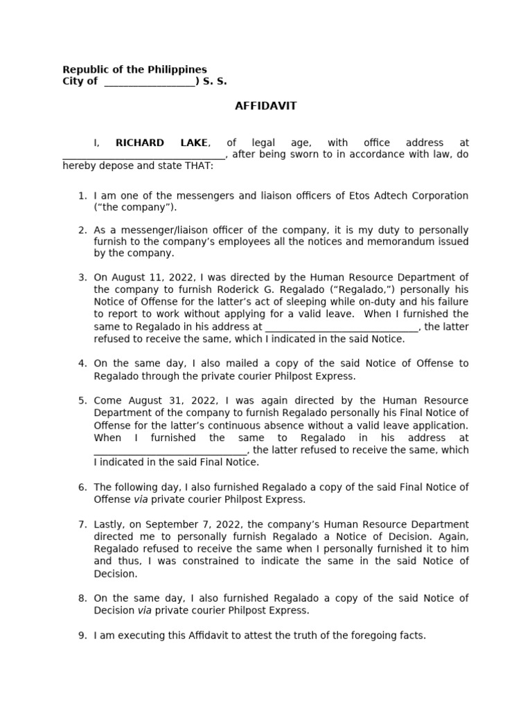 Affidavit of Richard Lake | PDF | Affidavit | Legal Procedure