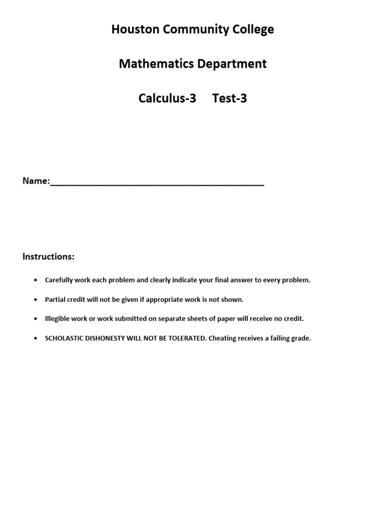 HCC Calculus 3 Test 3 Instructions | PDF | Integral | Geometry