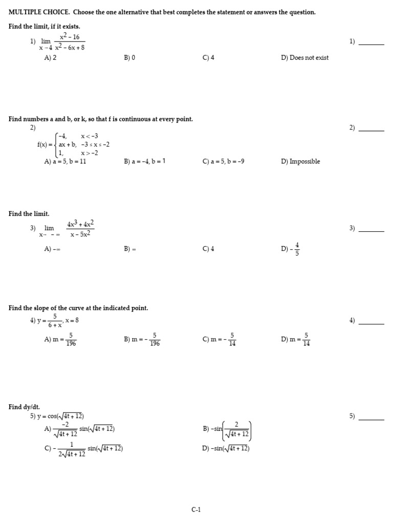 Cal-1 Fall 2024 Final MCQ C | PDF | Mathematical Analysis | Mathematics