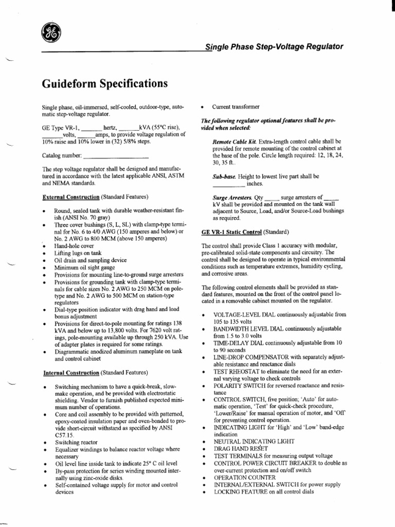 Single-Phase Step Voltage Regulator - Guideform Specs (DET203) | PDF
