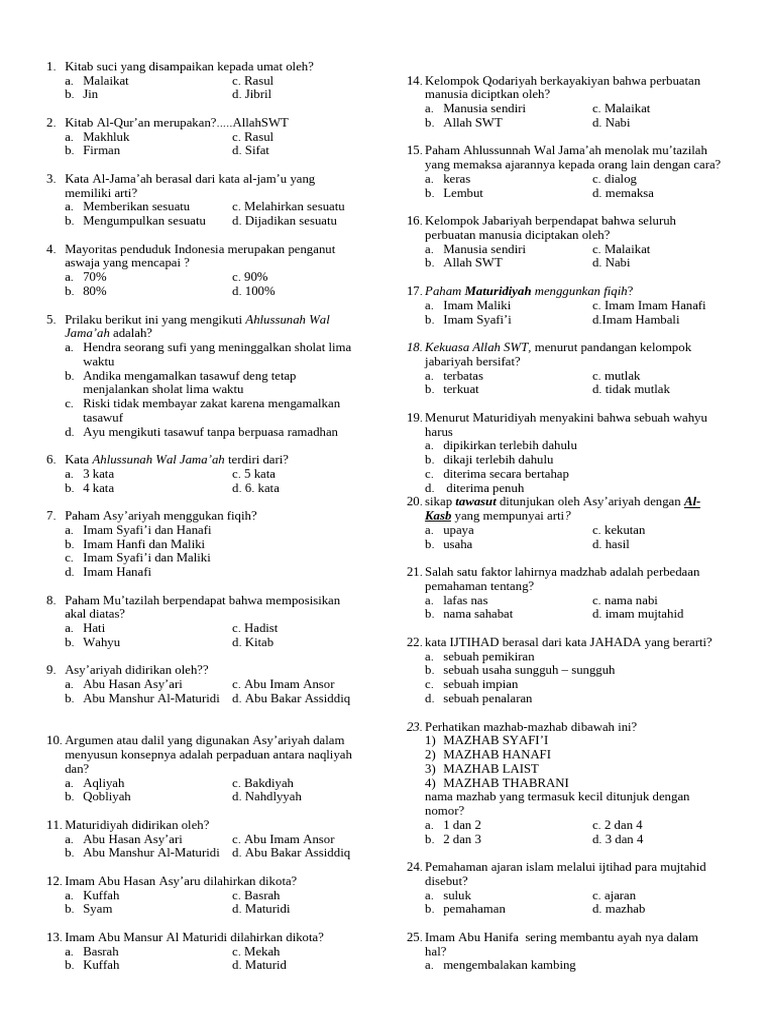 Soal Mapel Aswaja Kelas 9 Semester Ganjil 2024-2025 | PDF