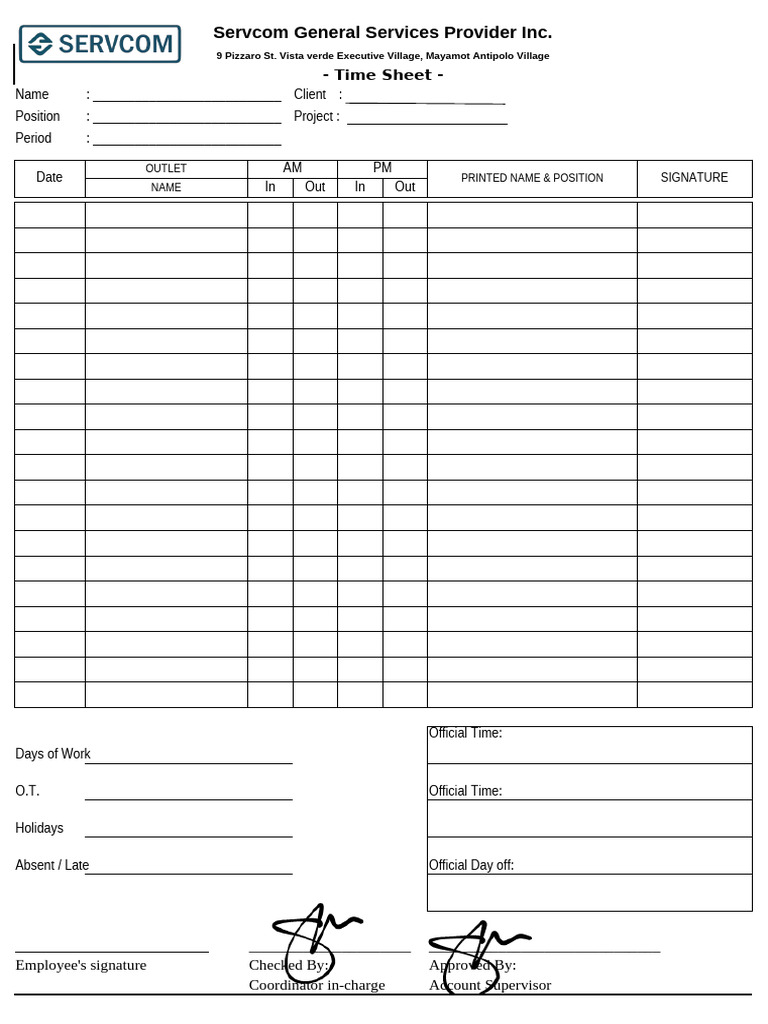 Servcom Time Sheet and Transpo Sheet | PDF