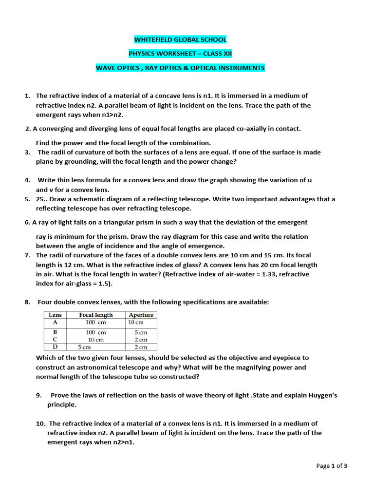 Revision Worksheet Ray Optics Wave Optics and Optical Instruments | PDF ...