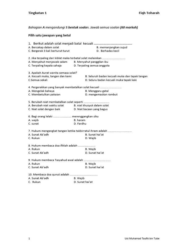 Soalan Fiqh Toharah Tingkatan 1 | PDF