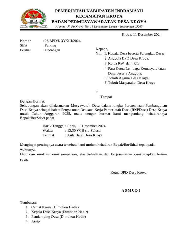 Undangan Musyawarah Desa Kroya 2024 | PDF
