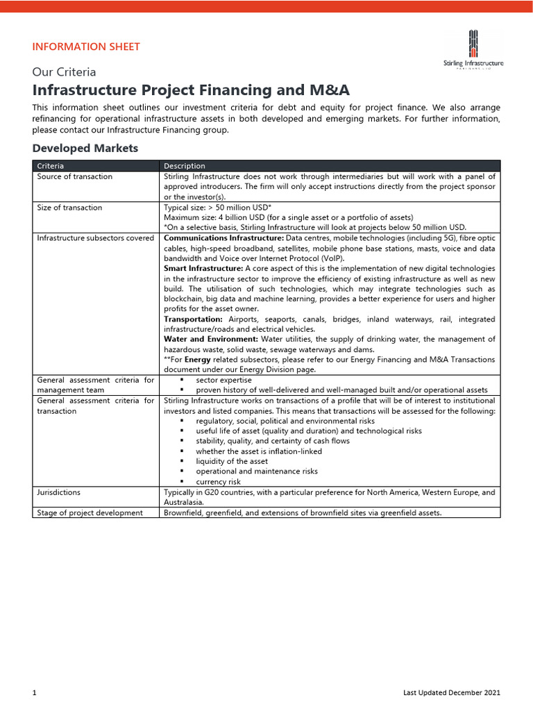 Our Investment Criteria Infrastructure Project Financing and MA | PDF ...
