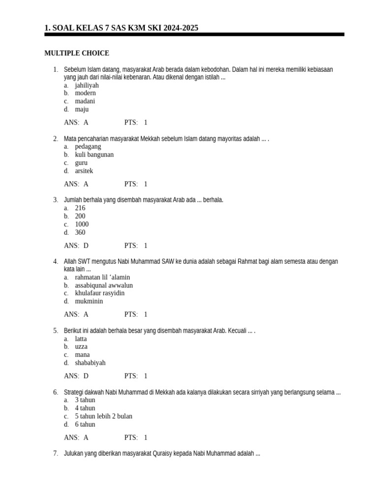 Soal Ski Kelas 7 Pas Ganjil 2024 | PDF