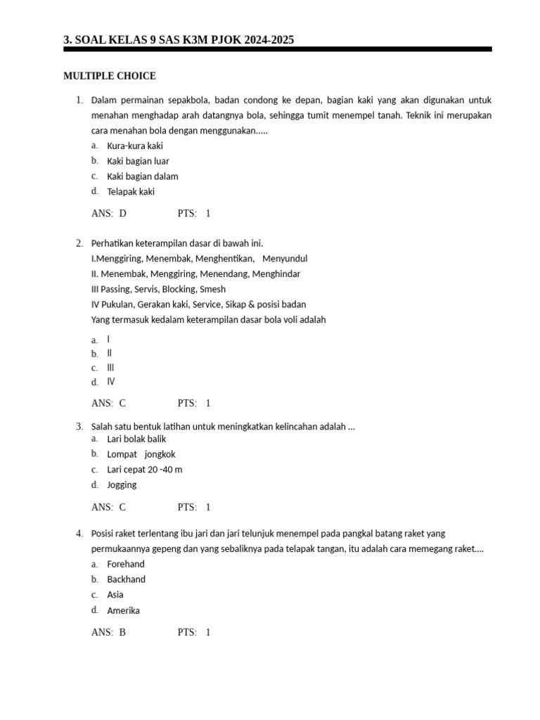 Soal Pjok Kelas 9 Pas Ganjil 2024 | PDF