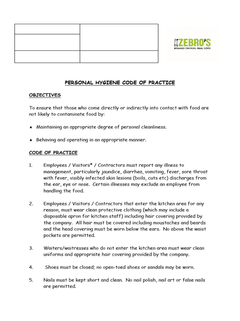 10 2 Personal Hygiene Code of Practice | PDF | Hygiene | Glove
