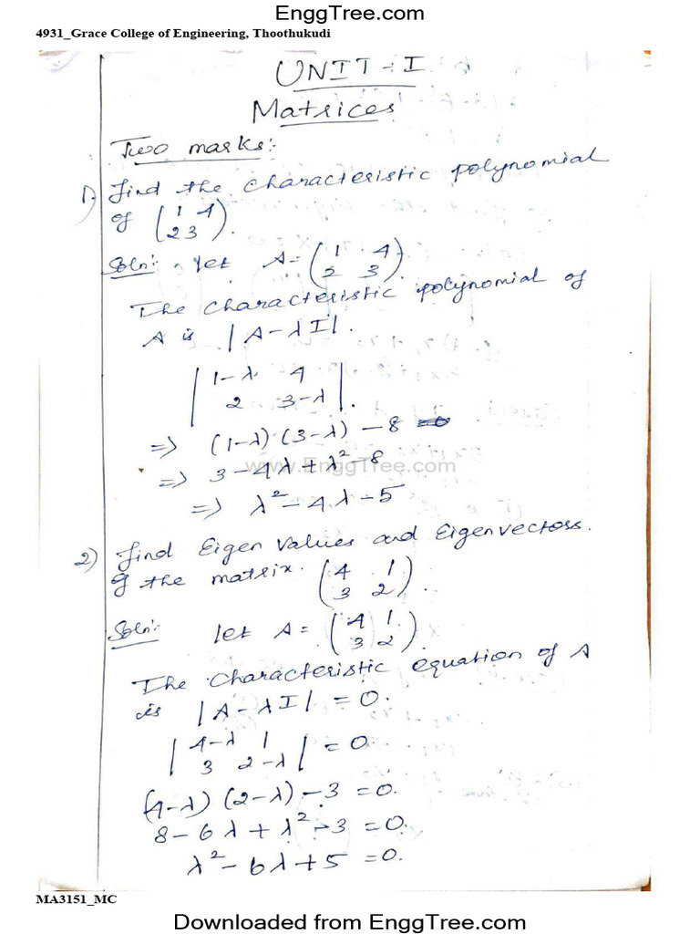 MA3151 Matrices and Calculus Two Mark Questions 3 | PDF