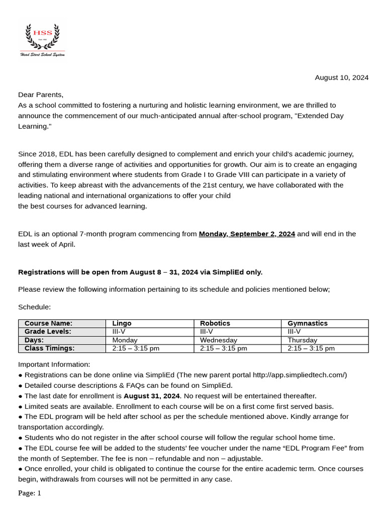 Extended Day Learning (EDL) | PDF