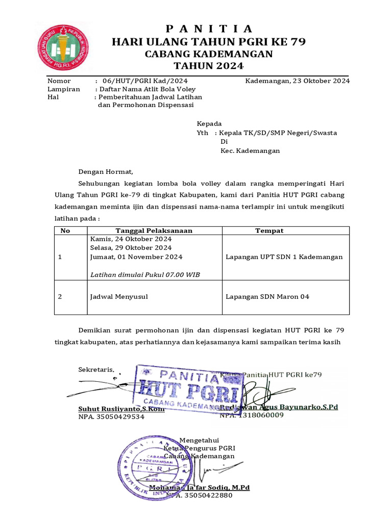 Dispensasi Jadwal Latihan Atlit Bola Volley | PDF