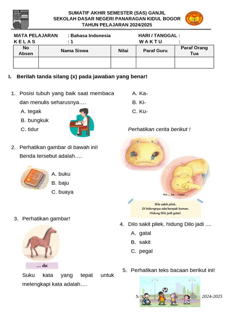 Soal Sas Bindo Kelas 1 Semester 1 | PDF