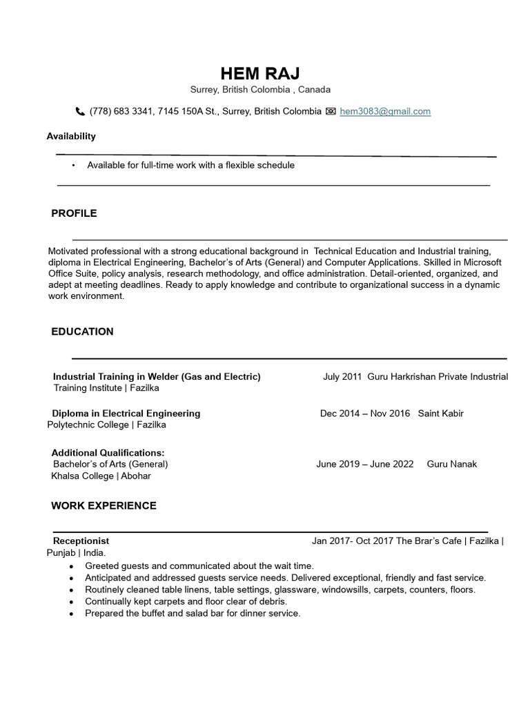 Hem Raj CANADA CV For Restaurant or Hotel Job | PDF