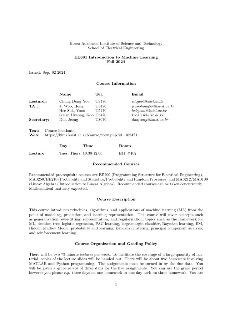 EE331_2024F_Introduction_to_Machine_Learning_syllabus | PDF | Machine Learning | Statistical ...