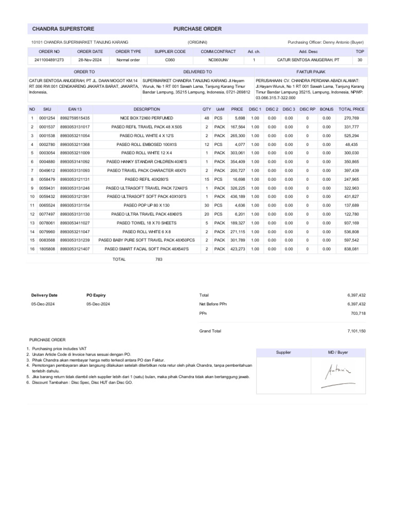 Chandra Superstore Purchase Order | PDF | Business Documents
