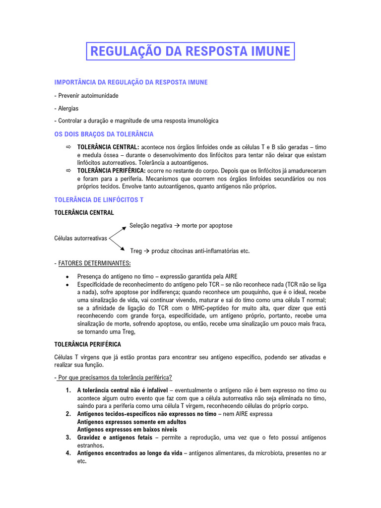 Regulação da Resposta Imune e Tolerância | PDF | Célula T | Sistema ...