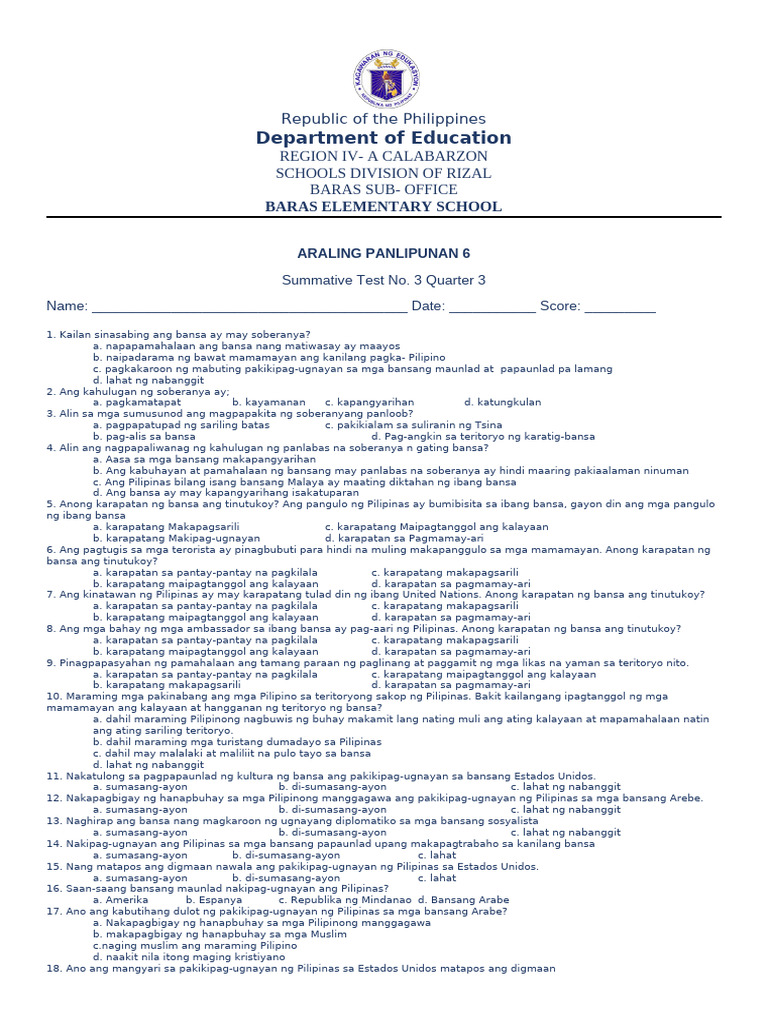 Department of Education: Region Iv-A Calabarzon Schools Division of Rizal Baras Sub - Office | PDF