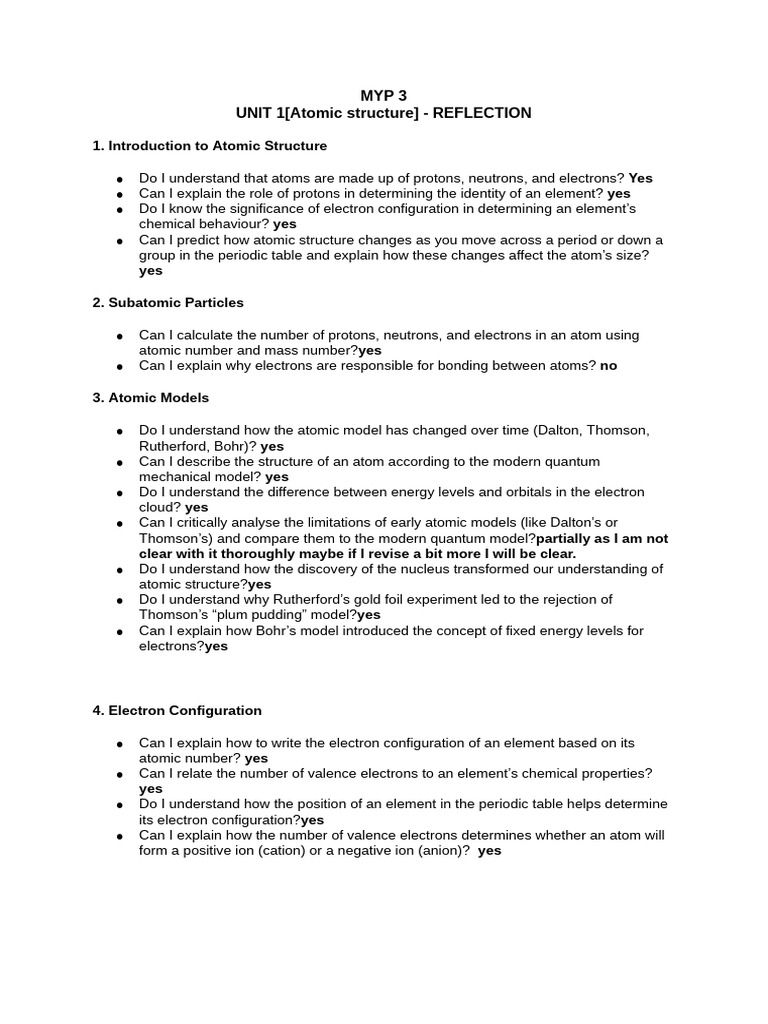 MYP 3-Reflection Unit 1 | PDF | Chemistry | Physical Sciences
